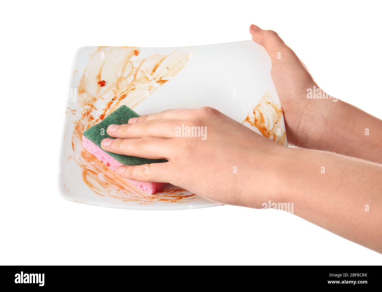 Woman washing dirty plate on white background Stock Photo - Alamy