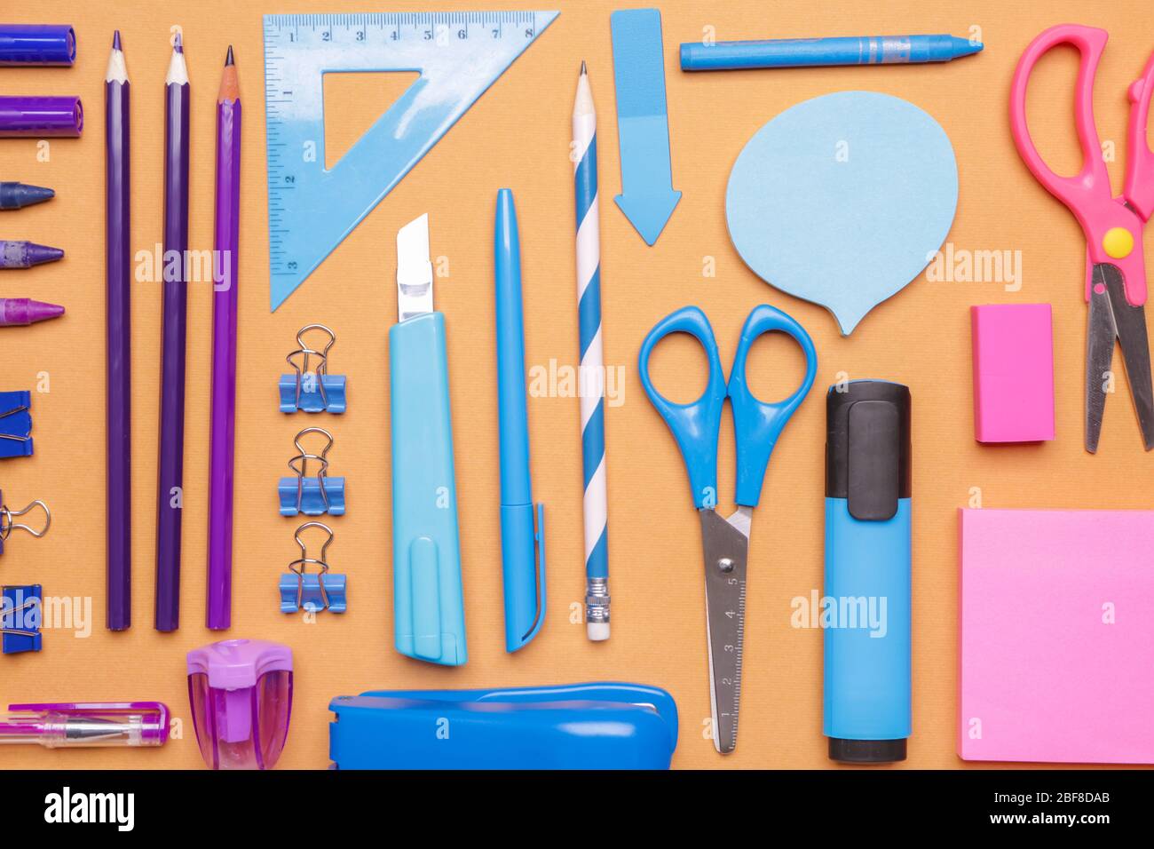 Set of school supplies on color background Stock Photo - Alamy