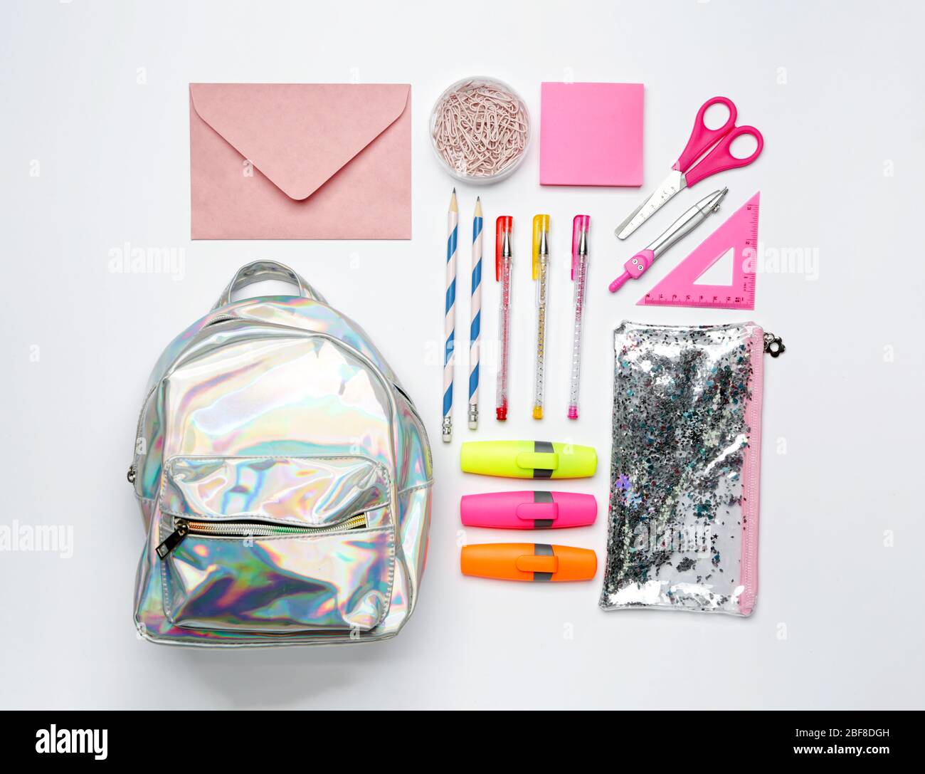 Set of school supplies with backpack on white background Stock Photo ...