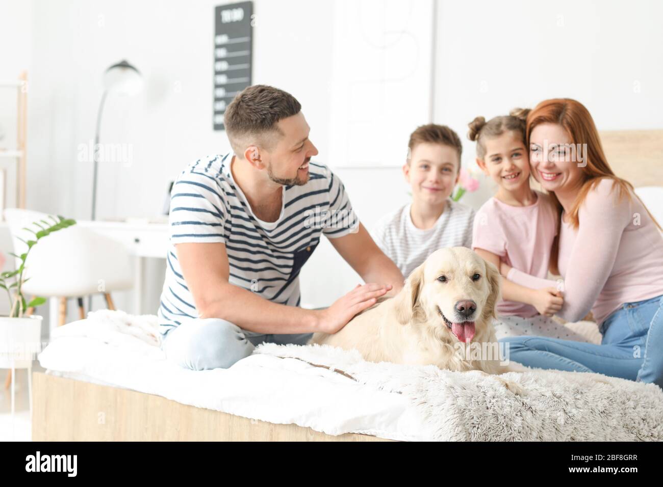 Happy family with dog in bedroom at home Stock Photo - Alamy