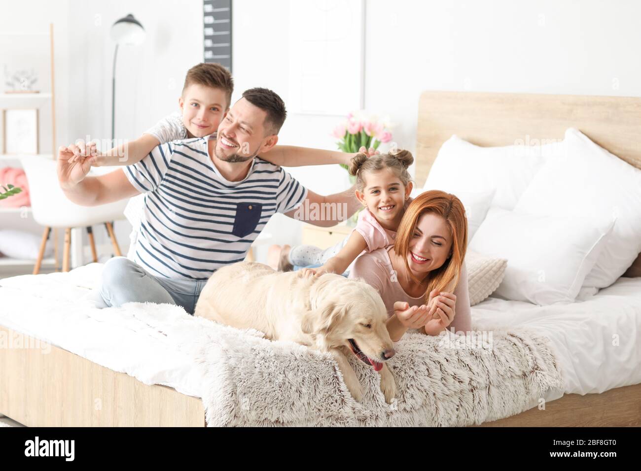 Happy family with dog in bedroom at home Stock Photo - Alamy