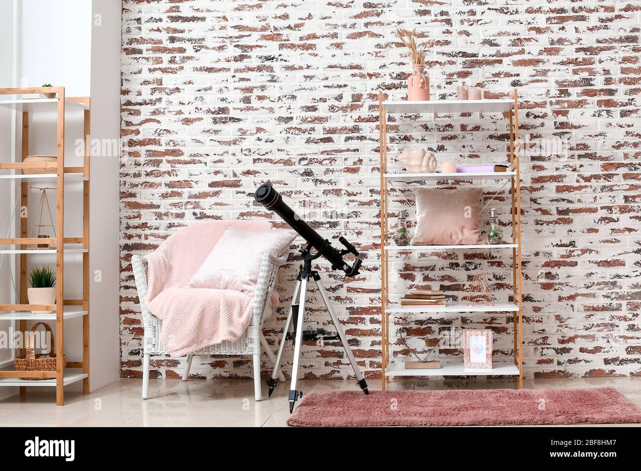 Interior of modern room with telescope Stock Photo - Alamy
