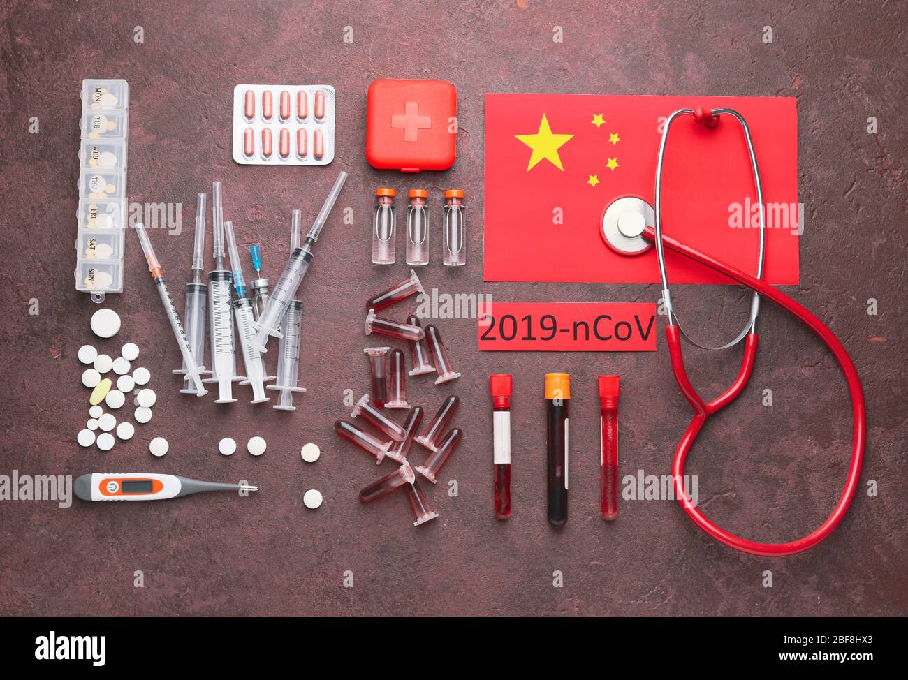 National flag of China, blood samples and medicines for Coronavirus on ...