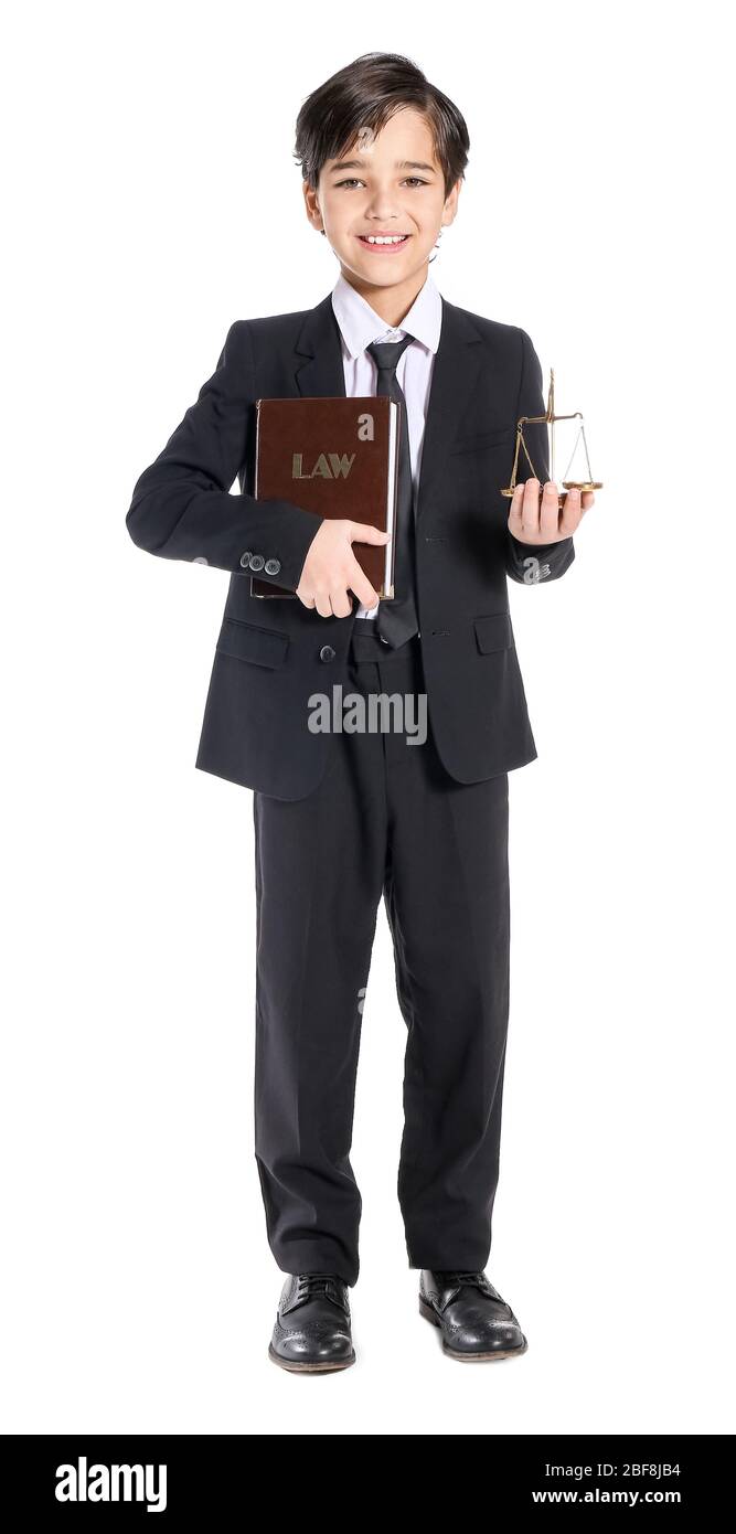 Little lawyer with scales of justice and book on white background Stock Photo - Alamy