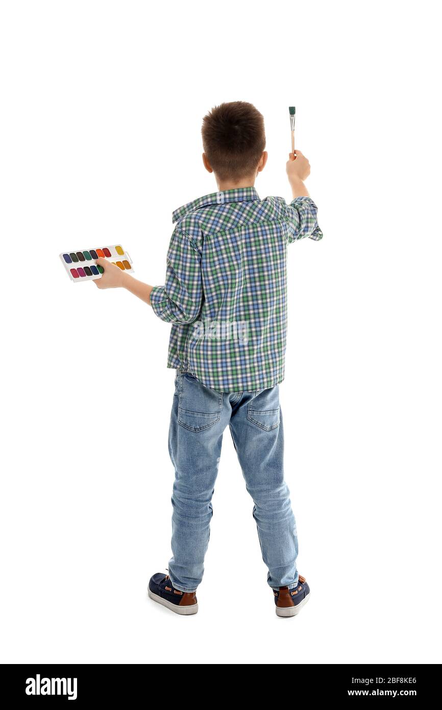 Cute little artist on white background Stock Photo - Alamy