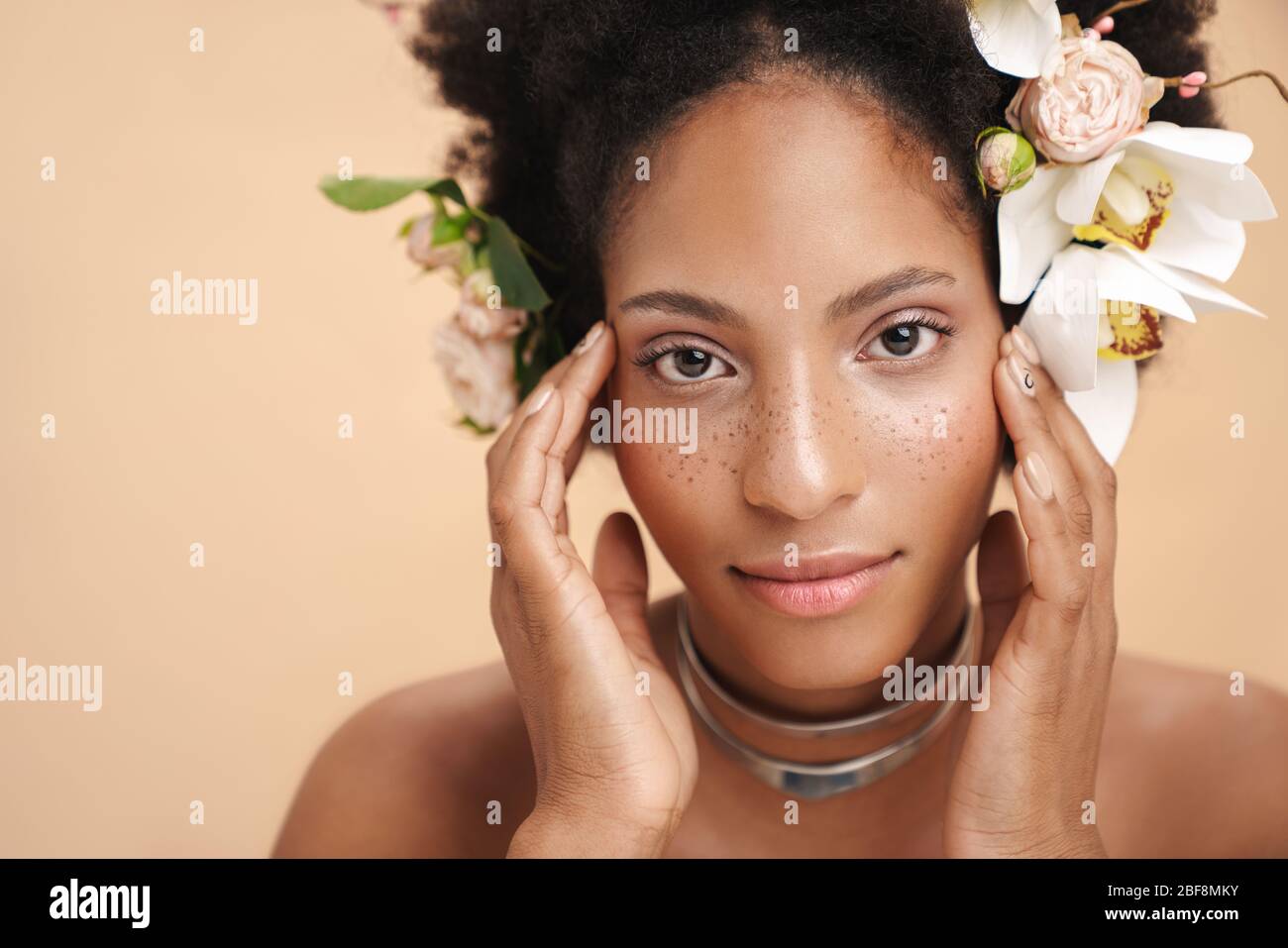 Portrait Of Young Half Naked Freckled African American Woman With