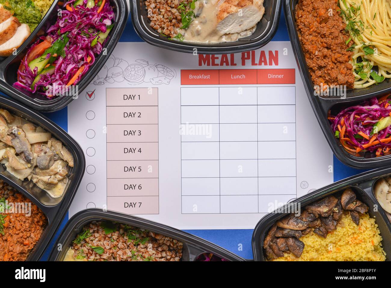 Containers with healthy food and meal plan on color background Stock ...