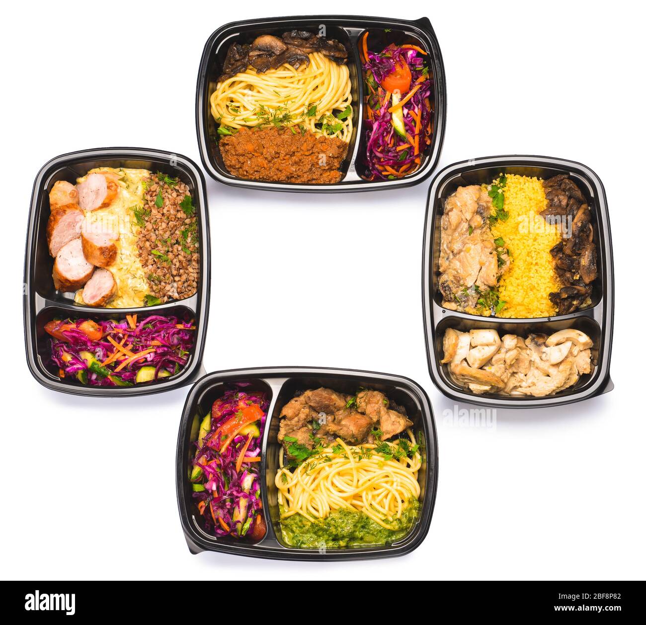 Containers with healthy food on white background Stock Photo - Alamy