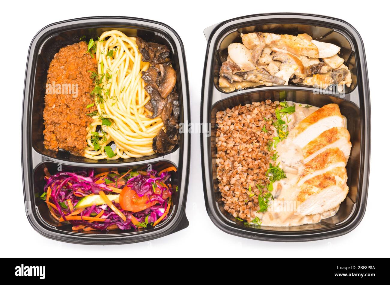 Containers with healthy food on white background Stock Photo - Alamy