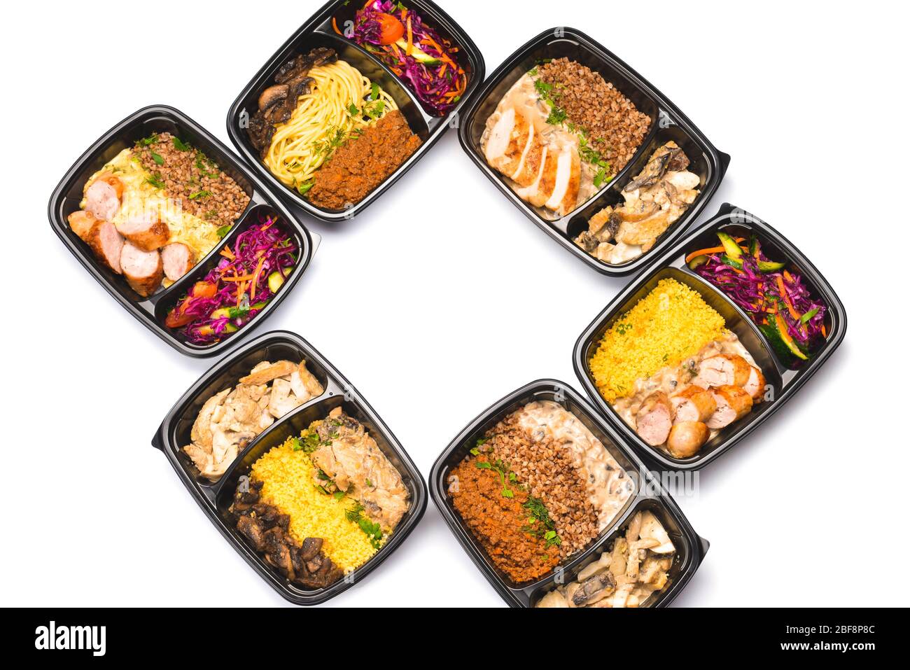 Containers with healthy food on white background Stock Photo - Alamy