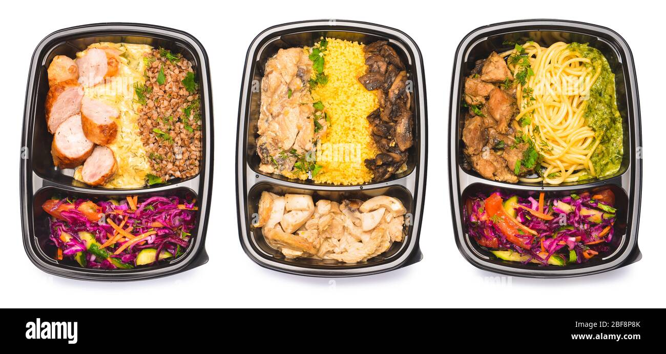 Containers with healthy food on white background Stock Photo - Alamy