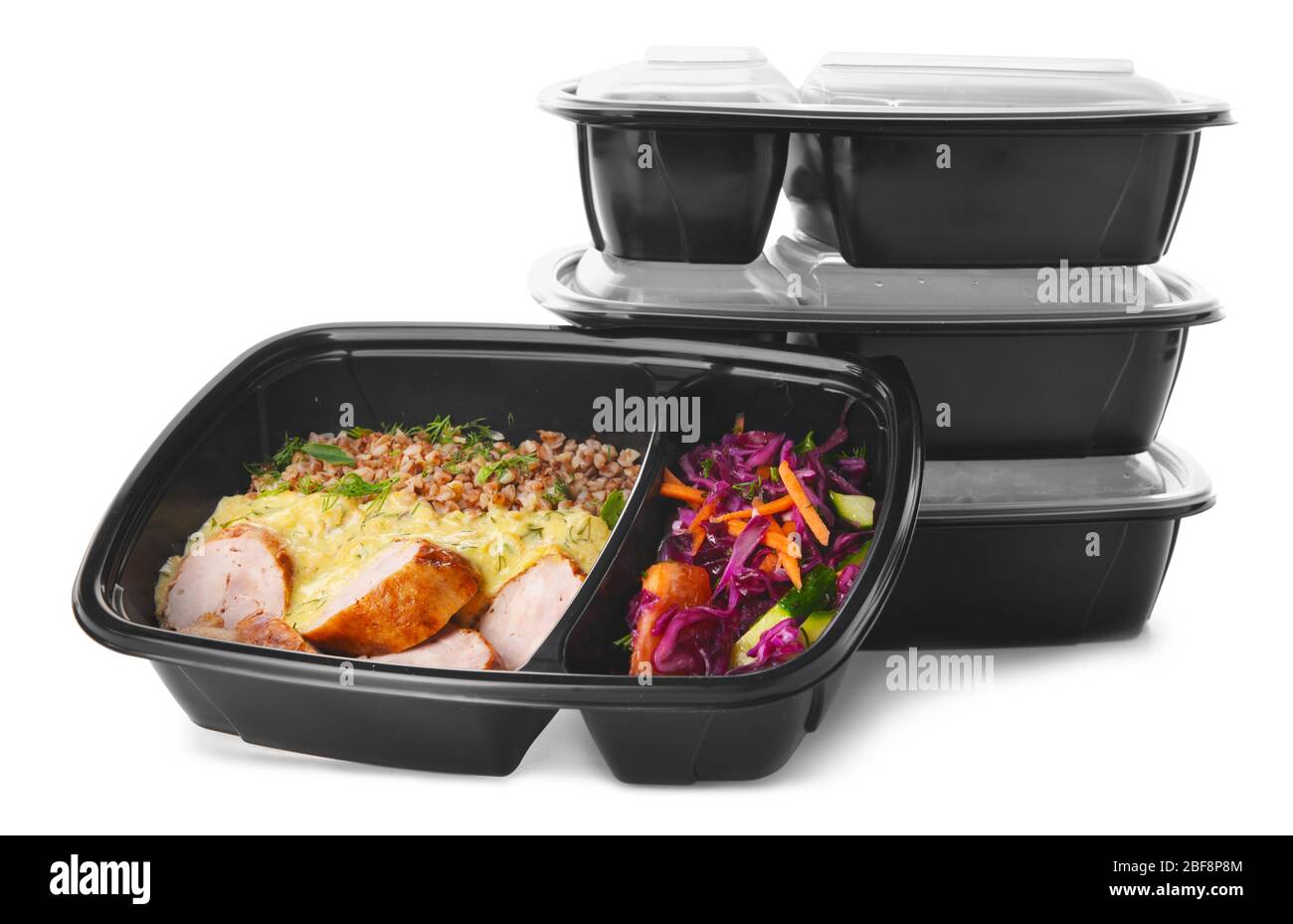 Containers with healthy food on white background Stock Photo - Alamy