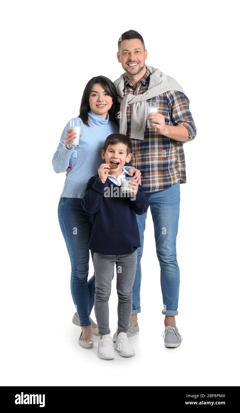 Family drinking milk on white background Stock Photo - Alamy