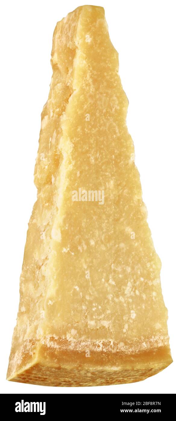 Italian parmesan cheese cropped on the white background, clove cut from ...