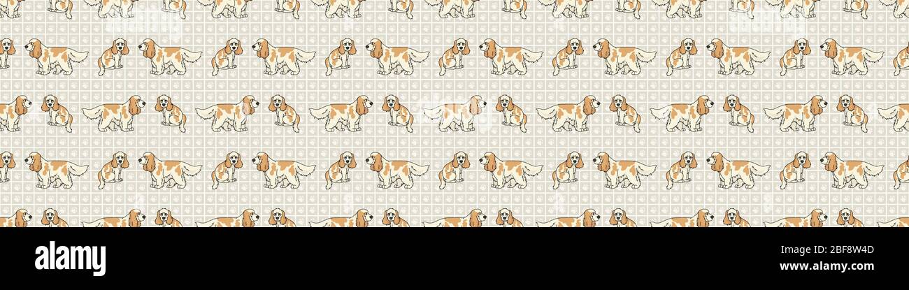 Hand drawn cute cocker spaniel puppy and dog breed seamless border ...