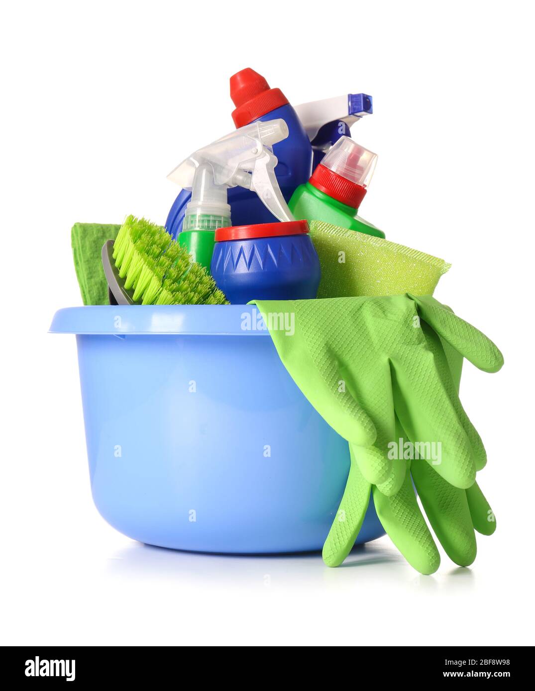 Set of cleaning supplies on white background Stock Photo - Alamy