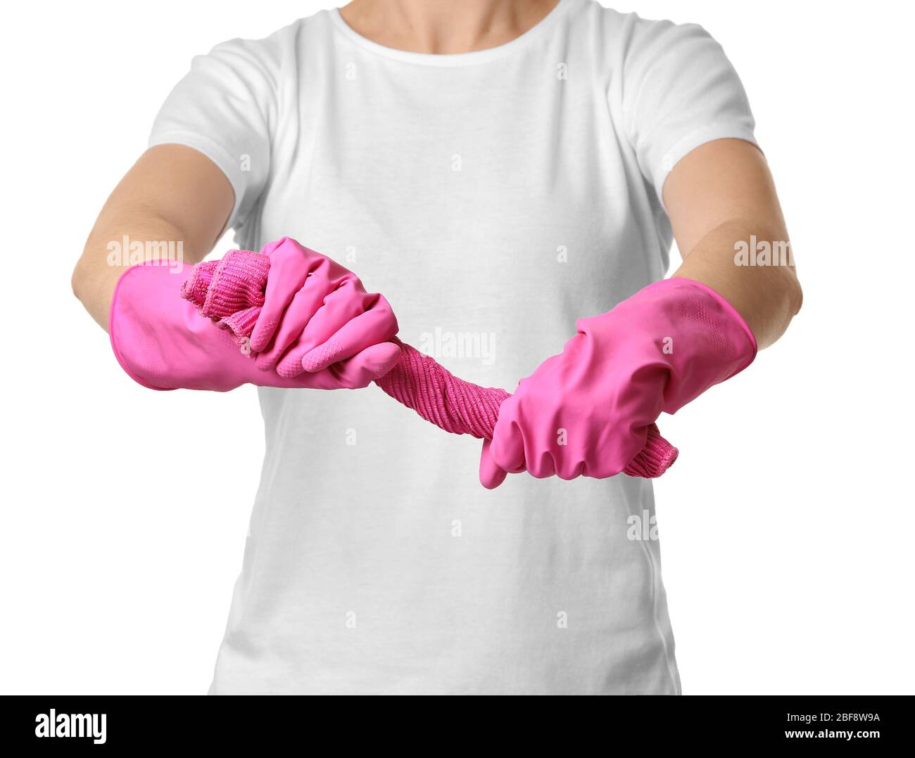 Janitor with cleaning rag on white background Stock Photo - Alamy