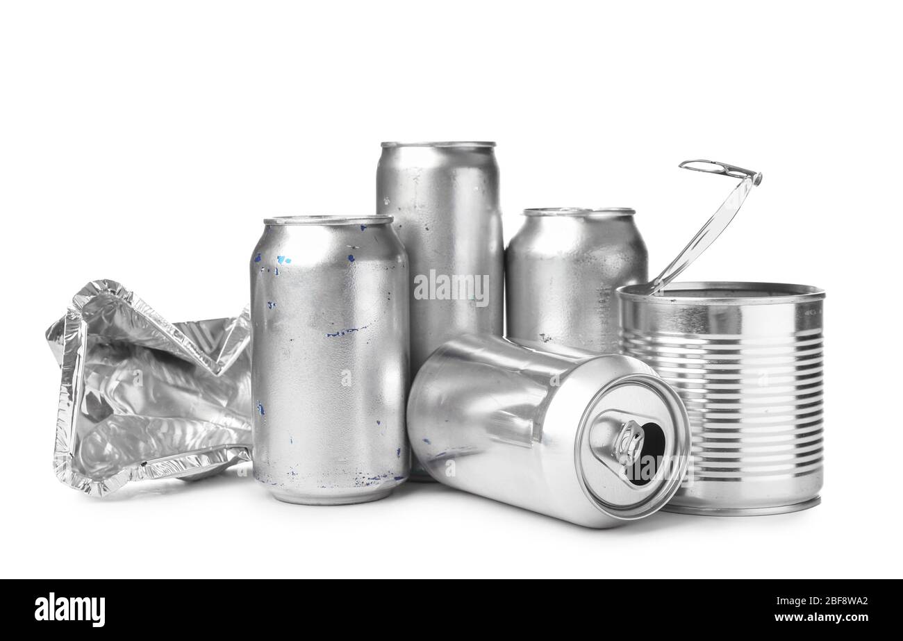 Different metal garbage on white background. Recycling concept Stock ...