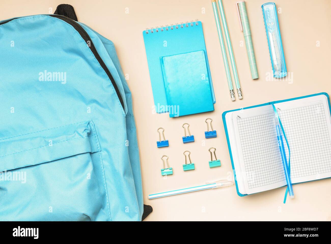 Set of school supplies with backpack on white background Stock Photo ...