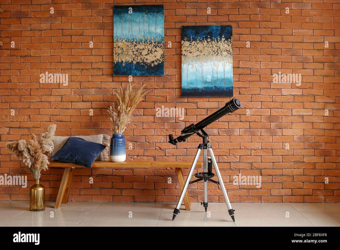 Interior of modern room with telescope Stock Photo - Alamy