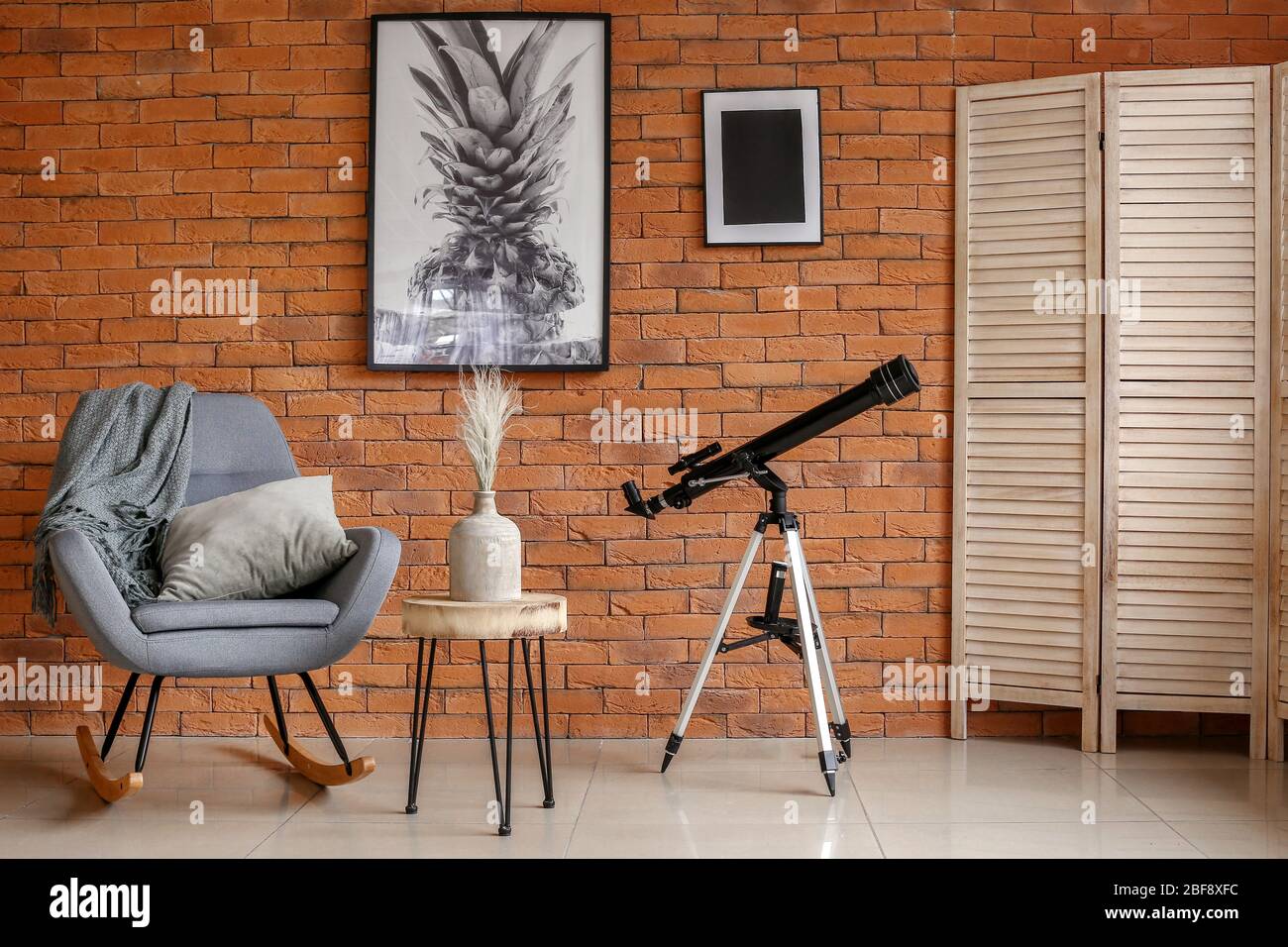 Interior of modern room with telescope Stock Photo - Alamy