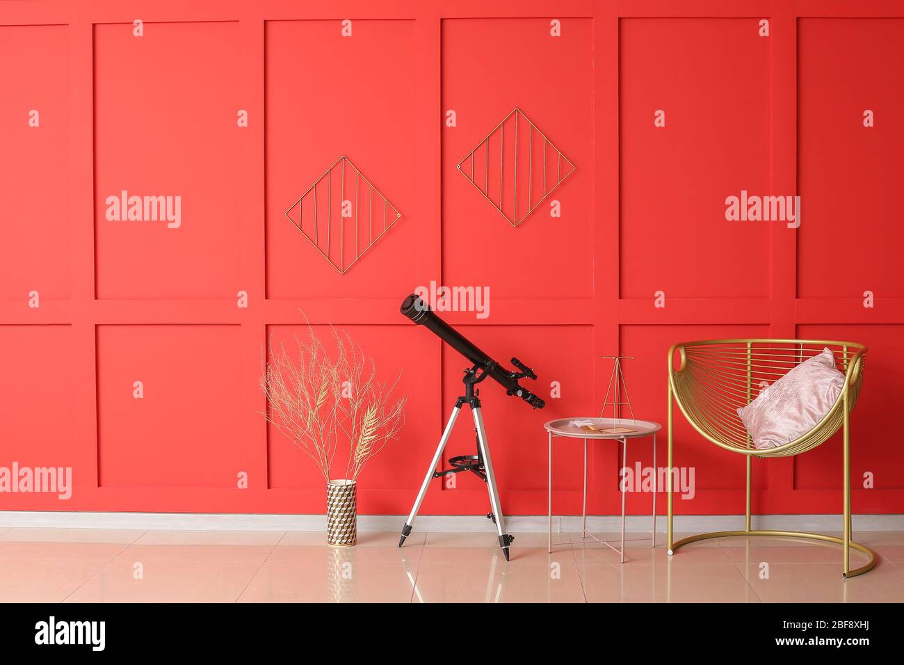 Interior of modern room with telescope Stock Photo - Alamy