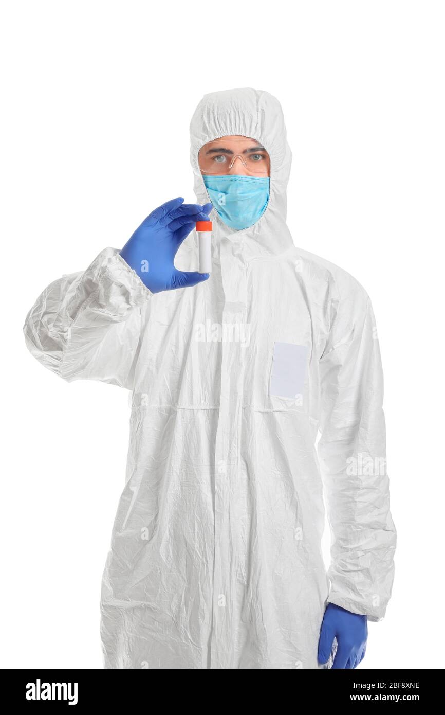 Laboratory worker in protective uniform holding test tube with sample ...