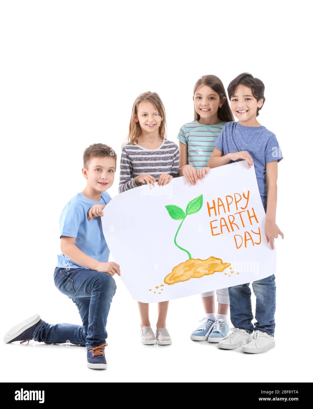 Little children with drawing on white background. Earth Day celebration ...