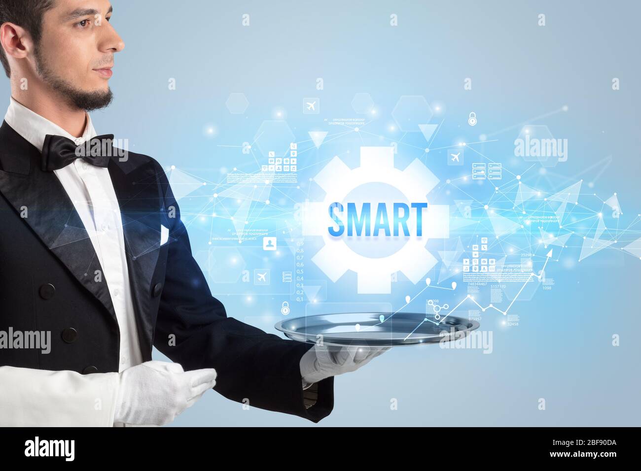 Waiter serving new technology concept with SMART inscription Stock ...