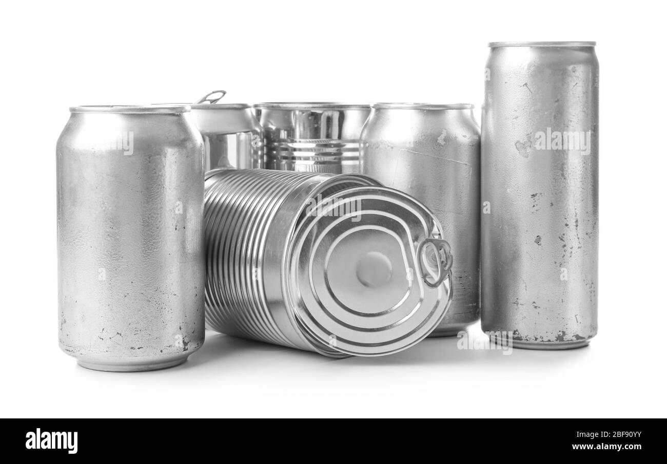Metal cans on white background. Recycling concept Stock Photo - Alamy