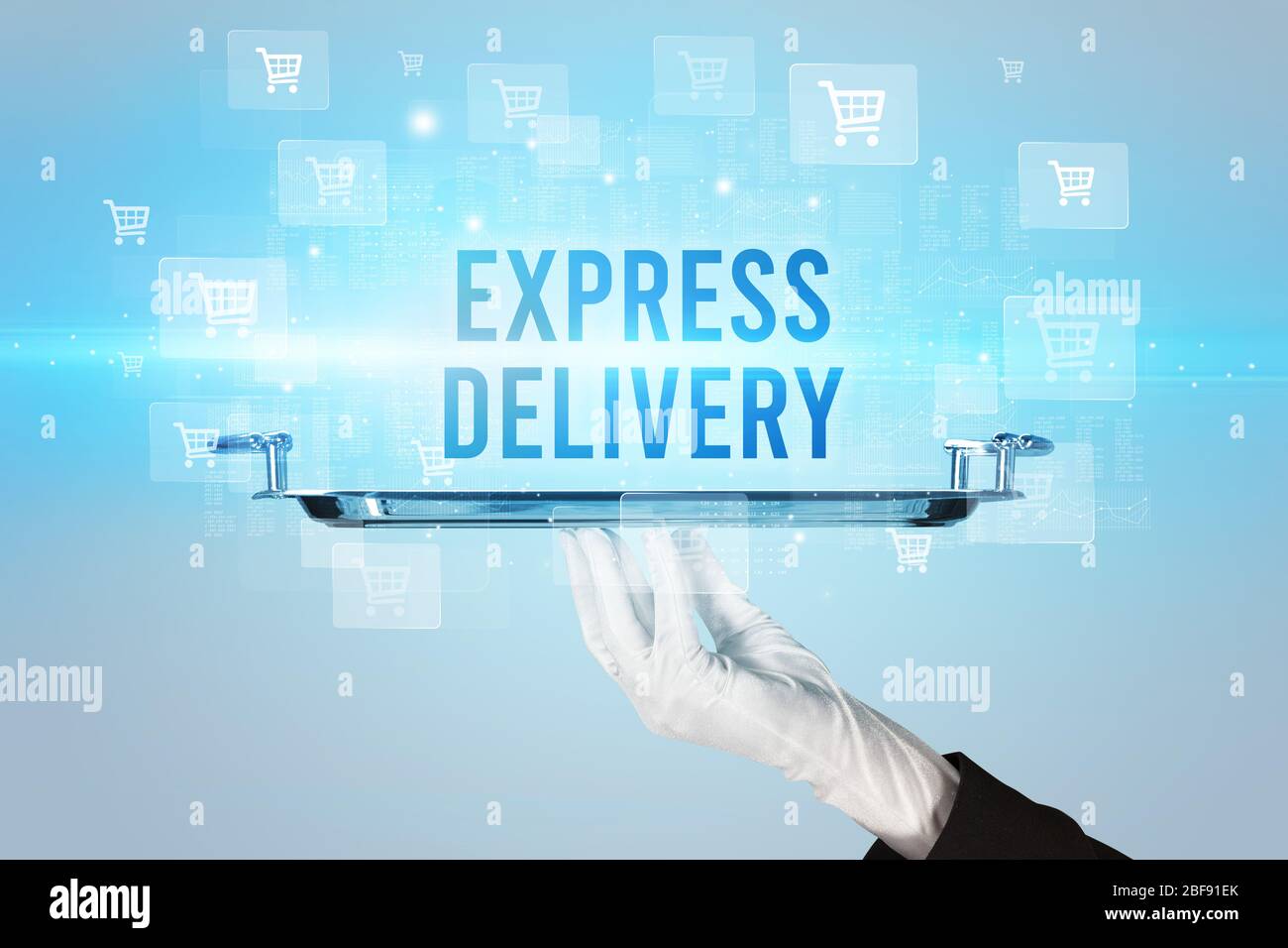 Waiter serving EXPRESS DELIVERY inscription, online shopping concept Stock Photo - Alamy