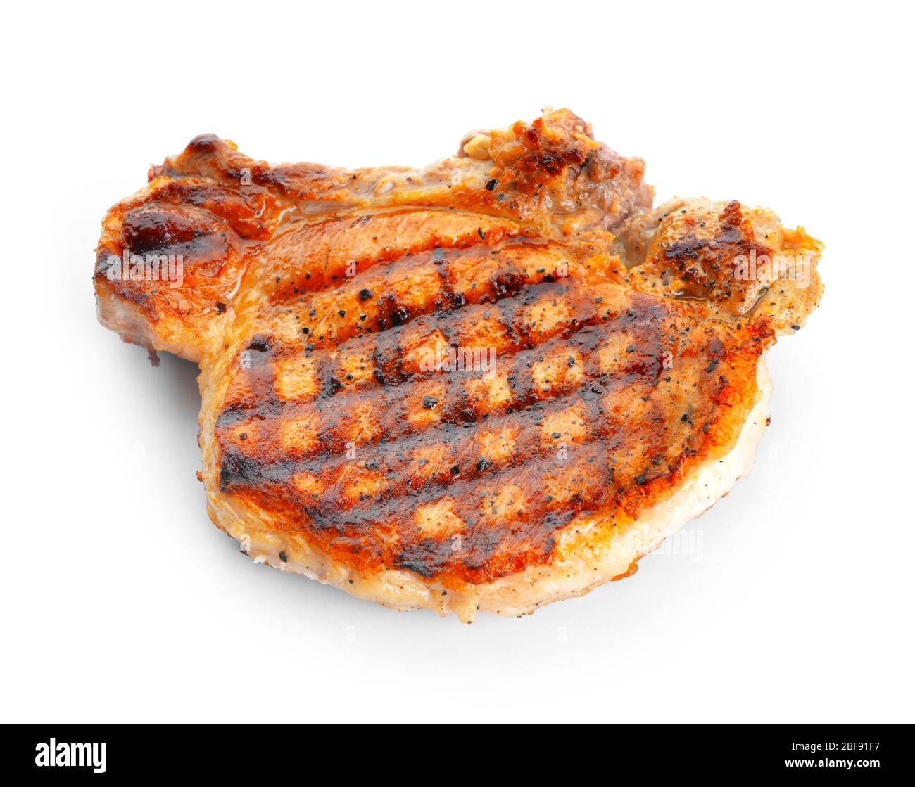 Cooked pork steak on white background Stock Photo - Alamy