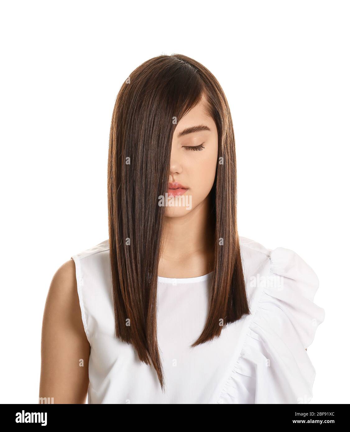 Young woman with beautiful straight hair on white background Stock ...