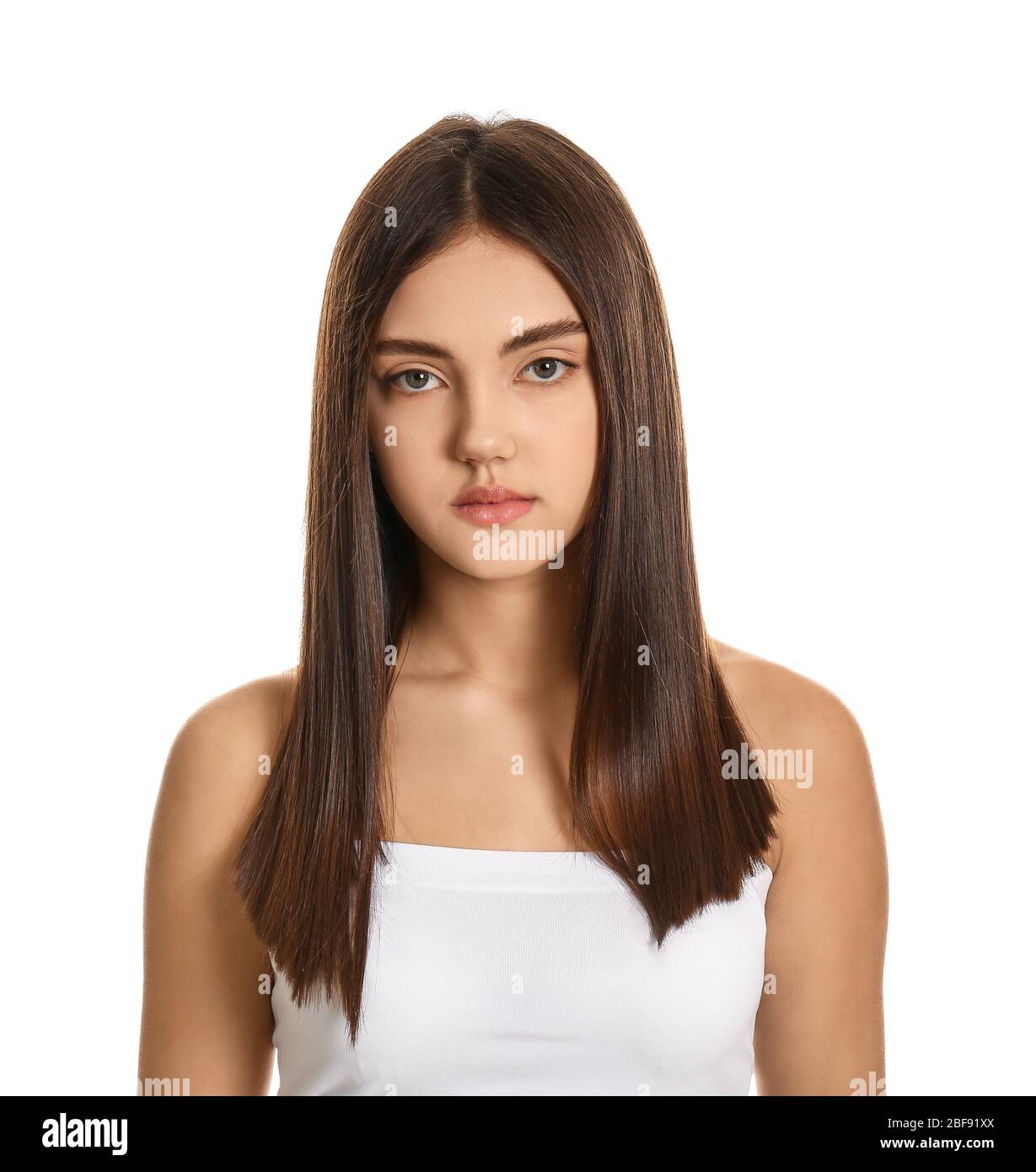 Young woman with beautiful straight hair on white background Stock ...