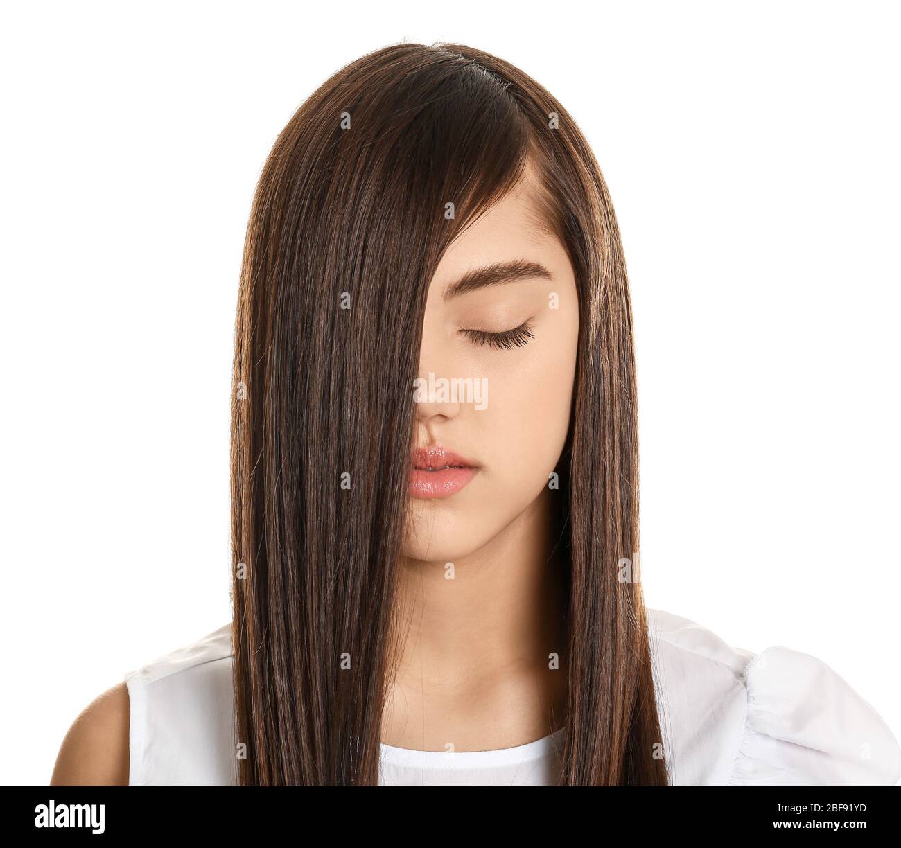 Young woman with beautiful straight hair on white background Stock ...
