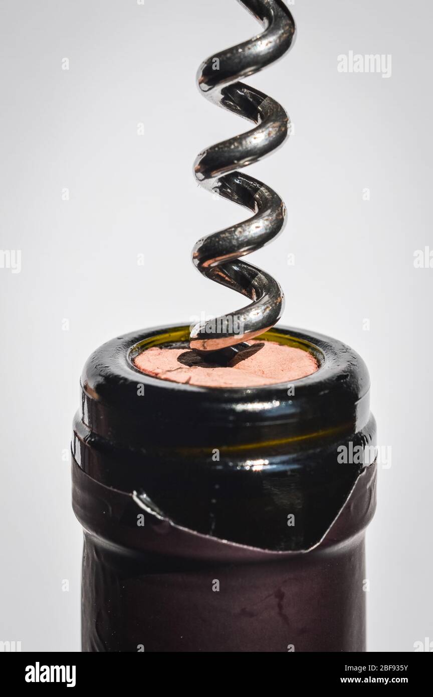 Bottle of wine and corkscrew close up, spiral is entering the cork ...