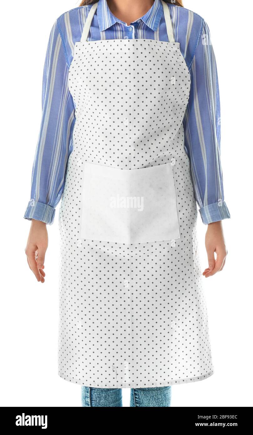 Woman wearing clean apron on white background Stock Photo - Alamy