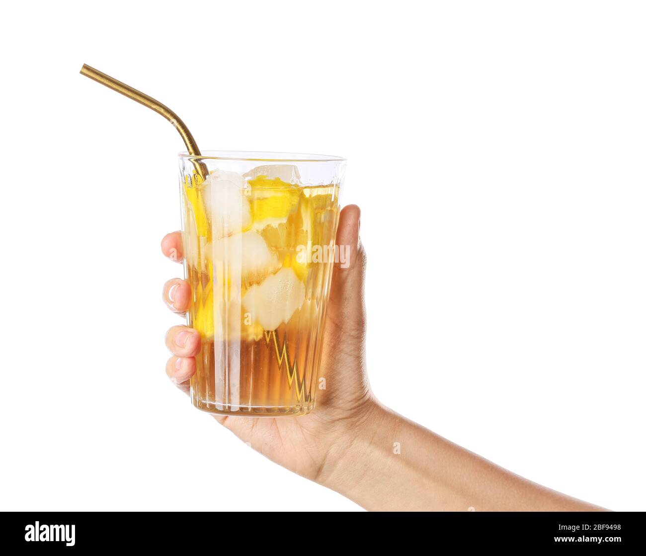 Female hand with cold tea in glass on white background Stock Photo - Alamy