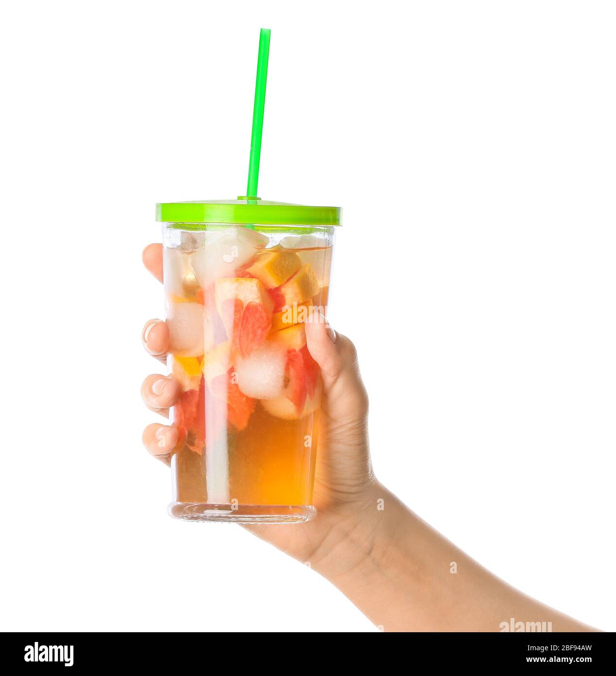Female hand with cold tea in glass on white background Stock Photo - Alamy