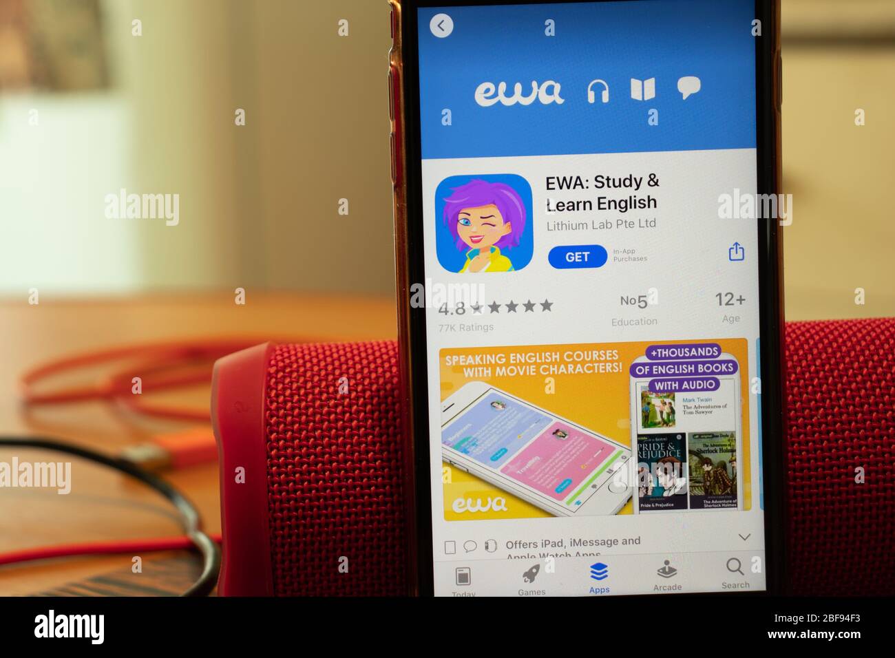 Los Angeles, California, USA - 16 April 2020: EWA Study and Learn English logo on screen close ...