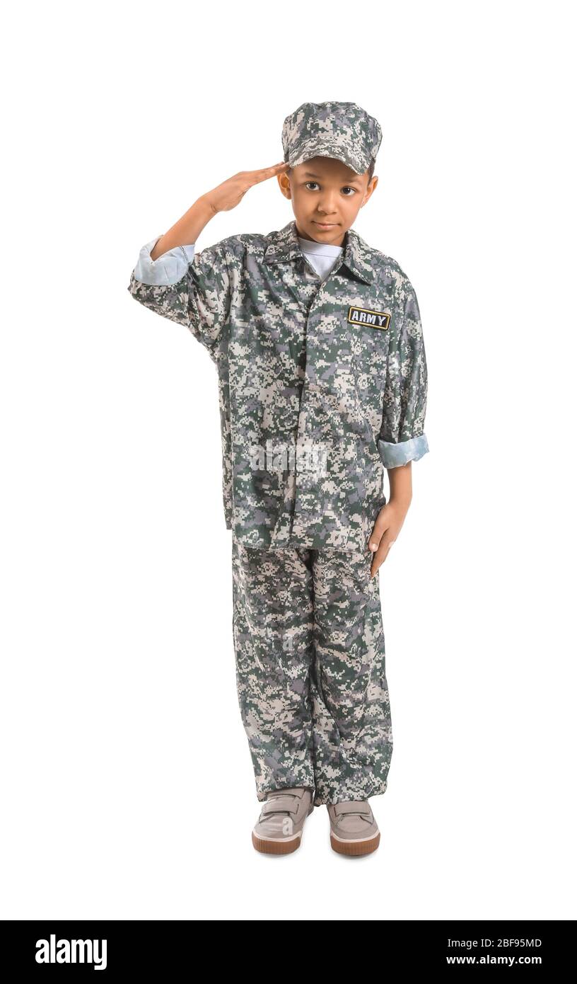 Little saluting African-American soldier on white background Stock ...