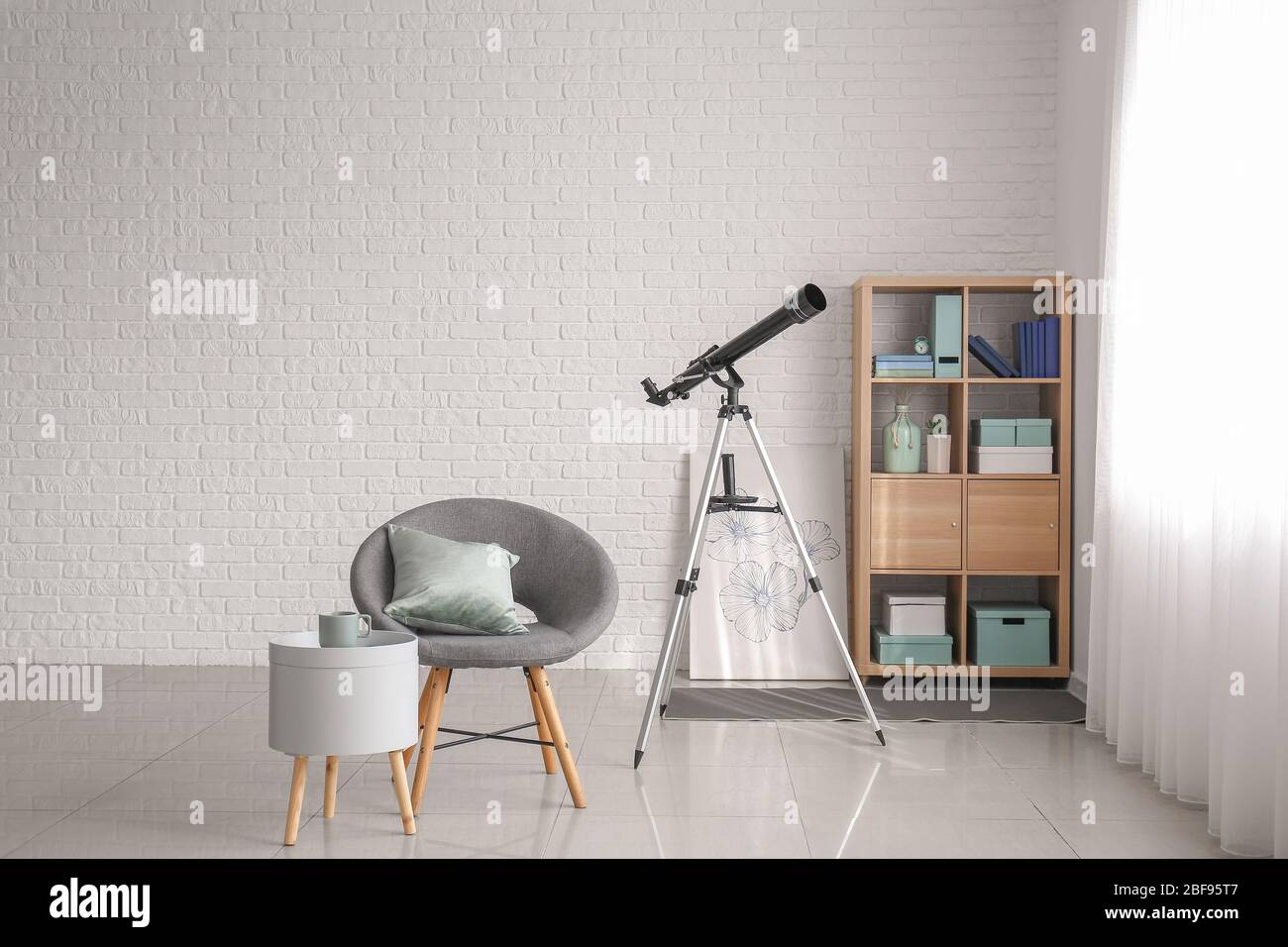 Interior of modern room with telescope Stock Photo - Alamy