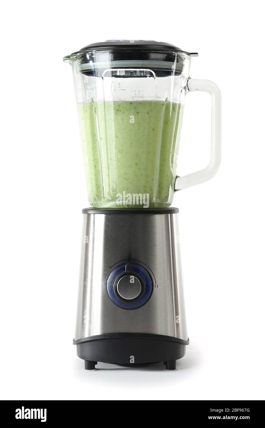 Blender with healthy smoothie on white background Stock Photo - Alamy
