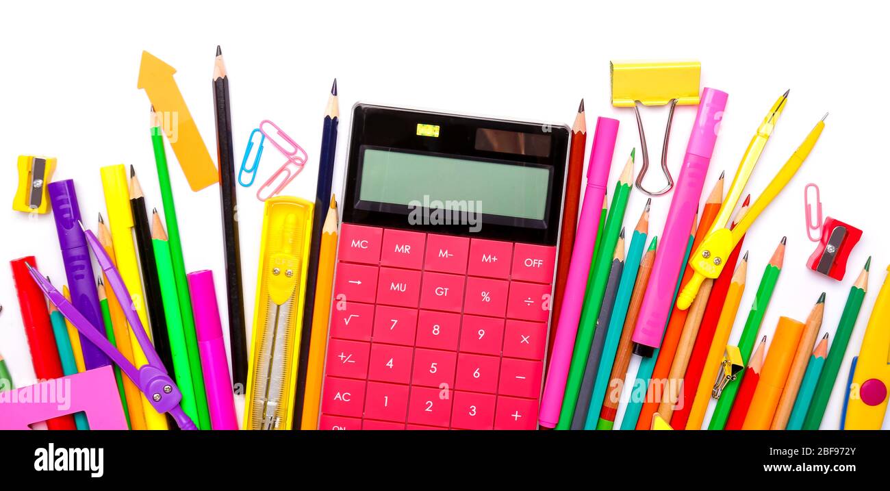 Set of school supplies on white background Stock Photo - Alamy