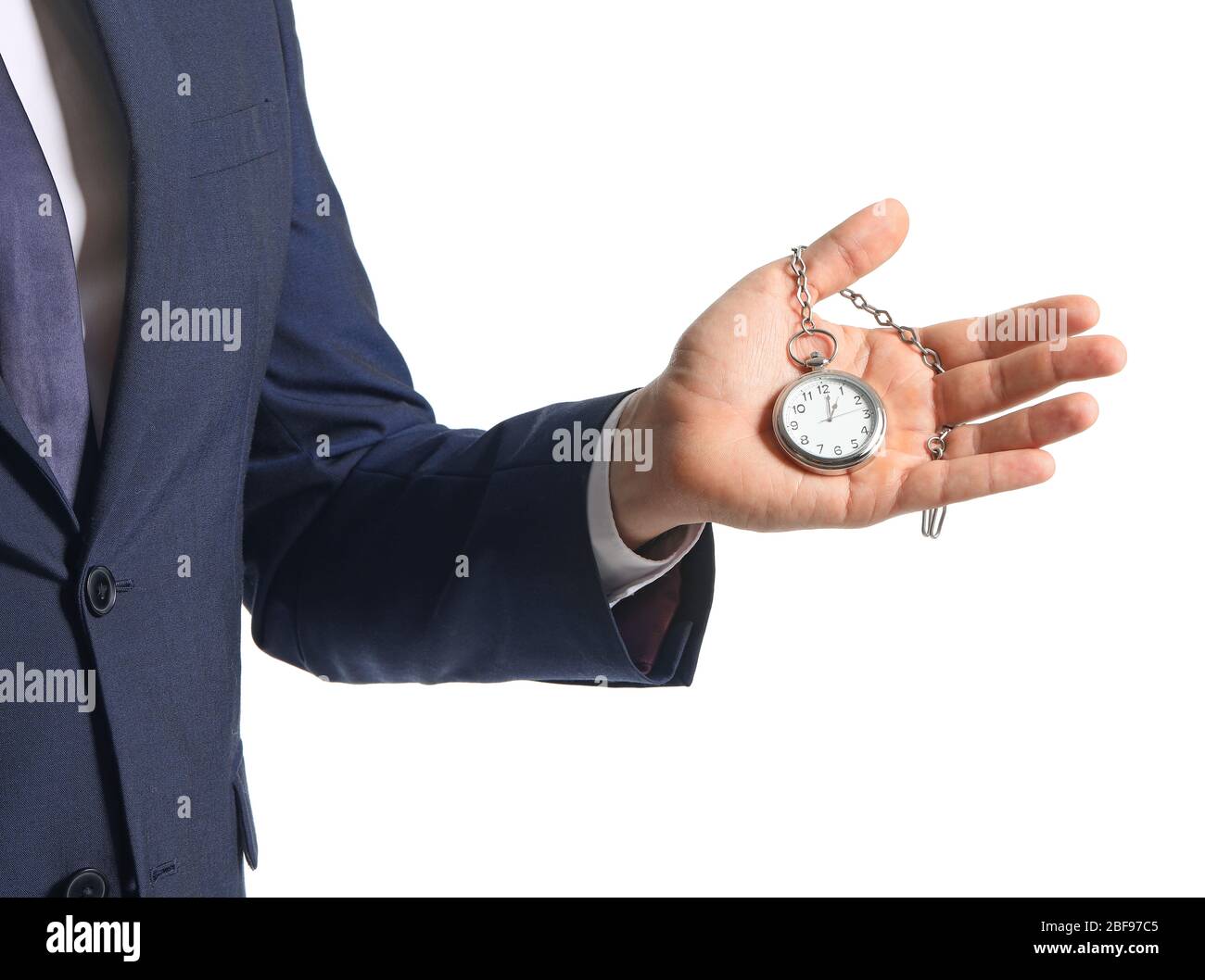 Businessman with pocket watch on white background. Time management ...