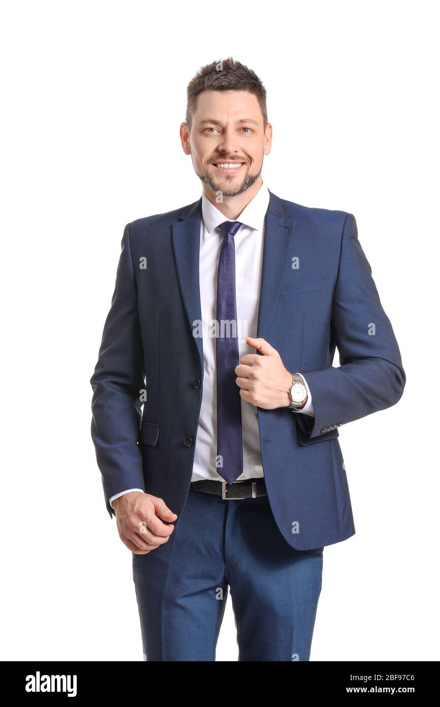 Businessman with watch on white background. Time management concept ...