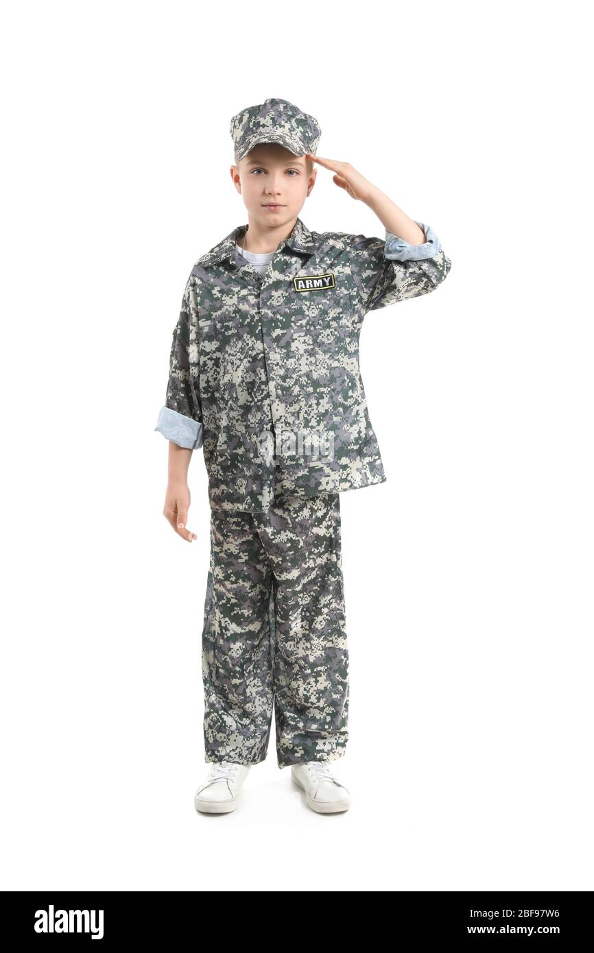 Little saluting soldier on white background Stock Photo - Alamy