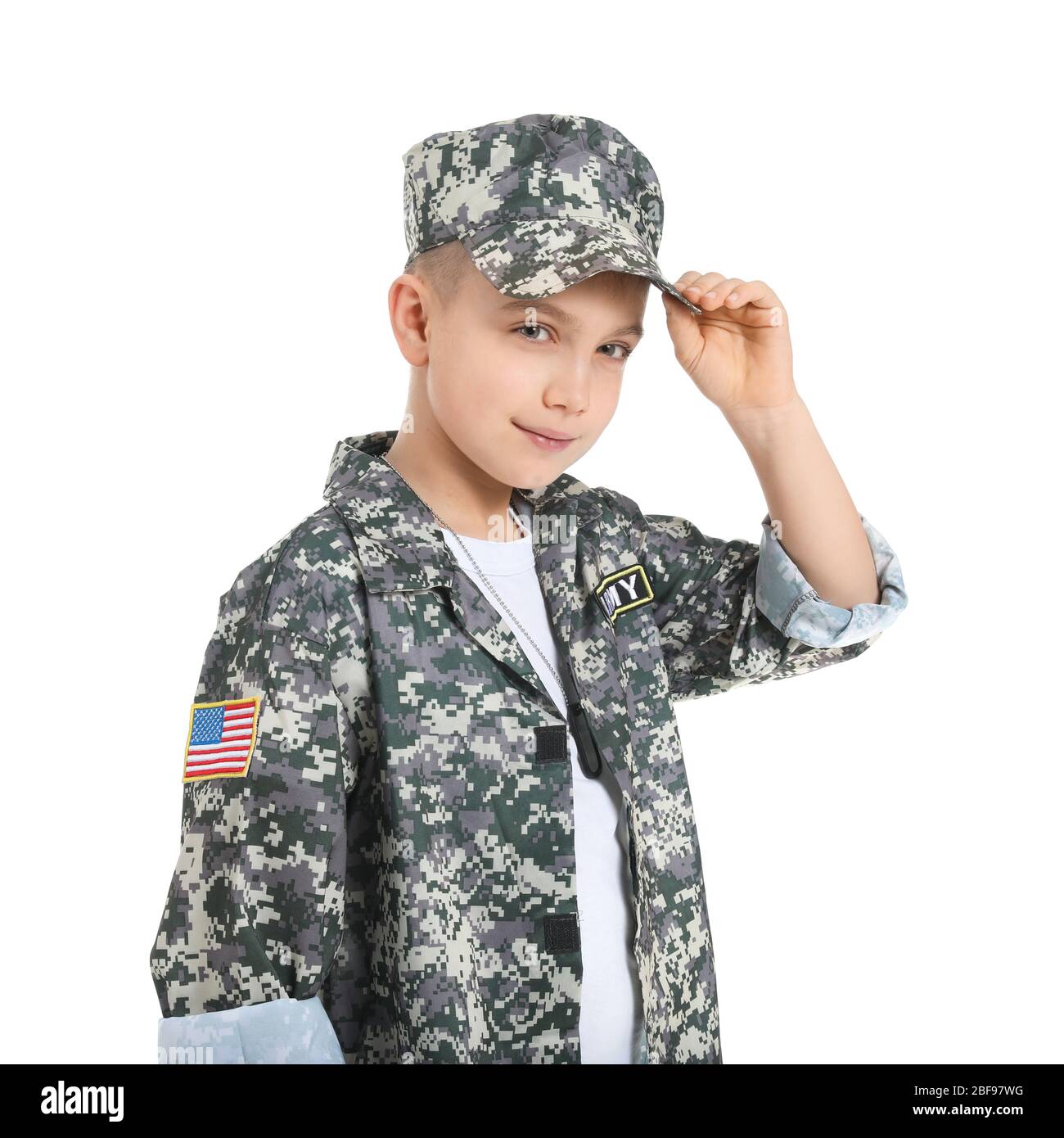 Cute little soldier on white background Stock Photo - Alamy