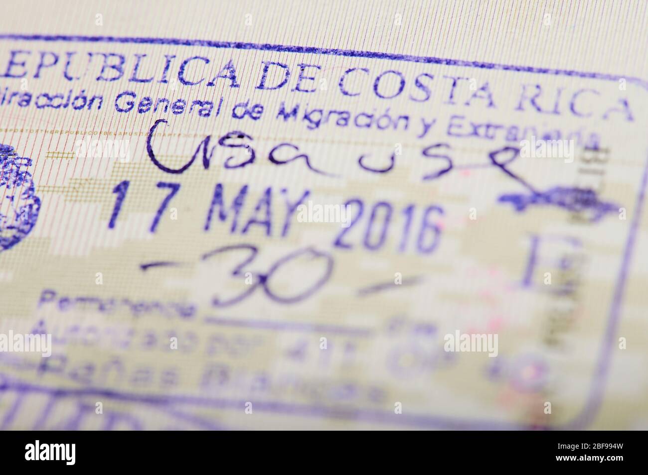 Costa rica customs stamp on passport page close up view Stock Photo - Alamy