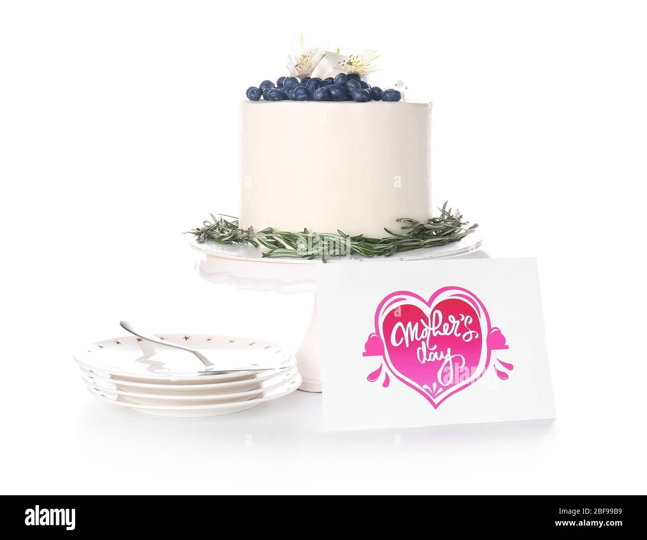 Tasty cake with greeting card for mother on white background Stock ...